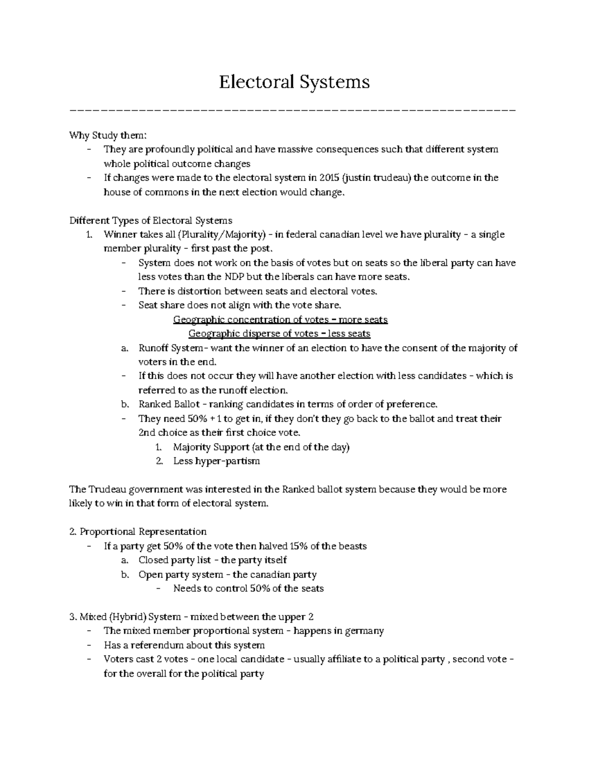 Poli Sci Final - notes - Electoral Systems Why Study them: - They are ...