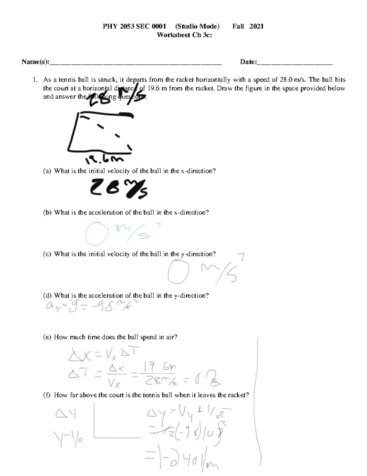 college physics 1 work sheet UCF dr. Shulte - PHY 2053 SEC 0001 (Studio Mode) Fall 2021 ...