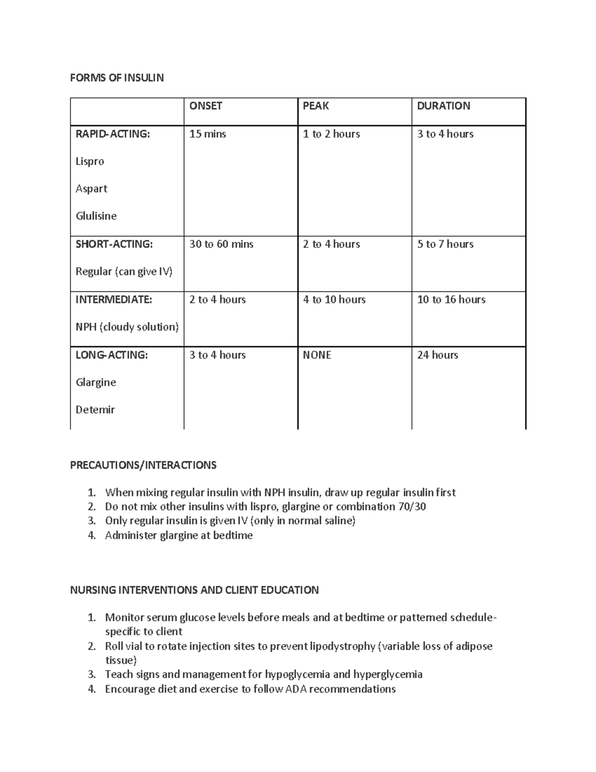 Insulin Review - NR-325 - Chamberlain University - Studocu