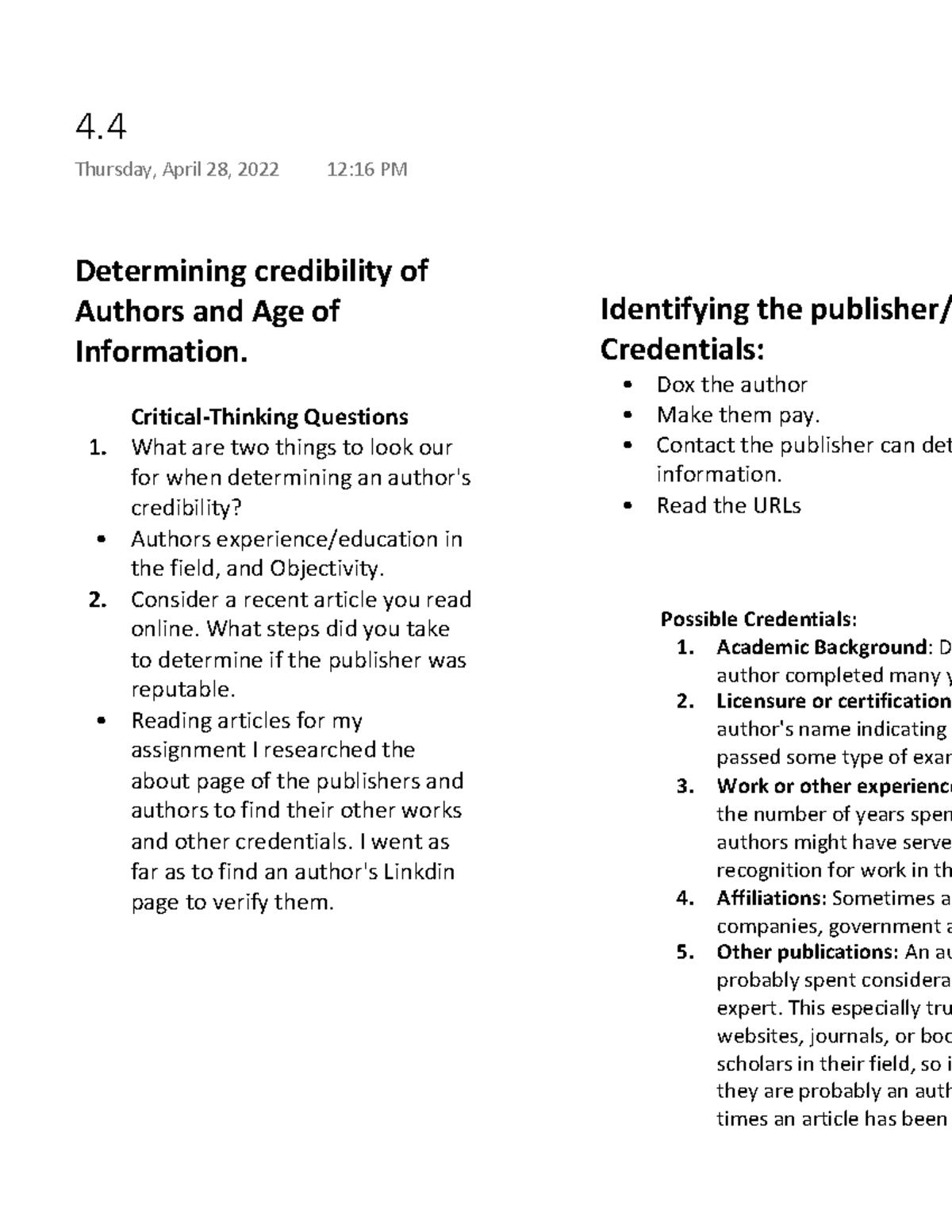 4.4 Pages textbook - Determining credibility of Authors and Age of ...