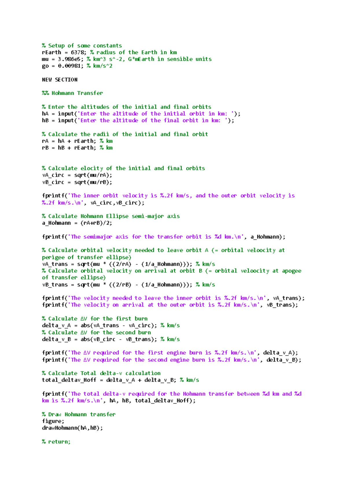 Matlab code as text - % Setup of some constants rEarth = 6378; % radius ...