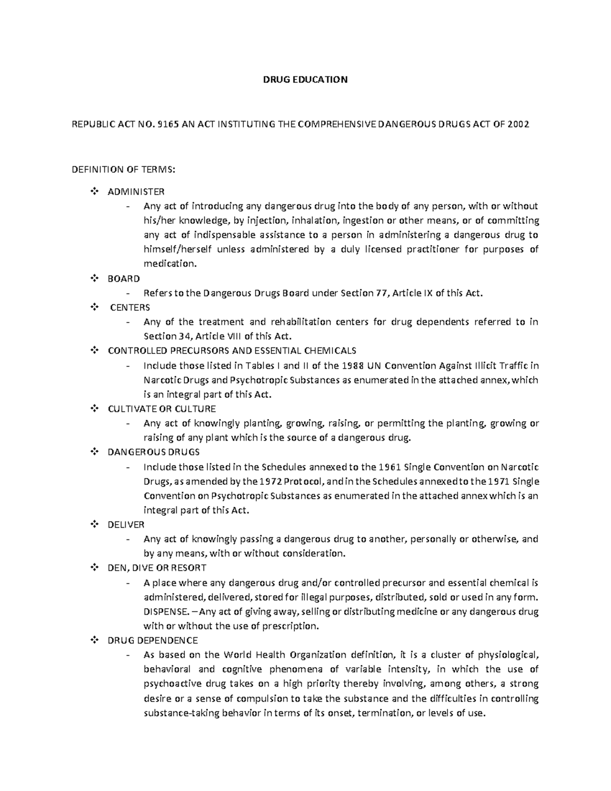 NSTP DRUG Education-1-3 - DRUG EDUCATION REPUBLIC ACT NO. 9165 AN ACT ...