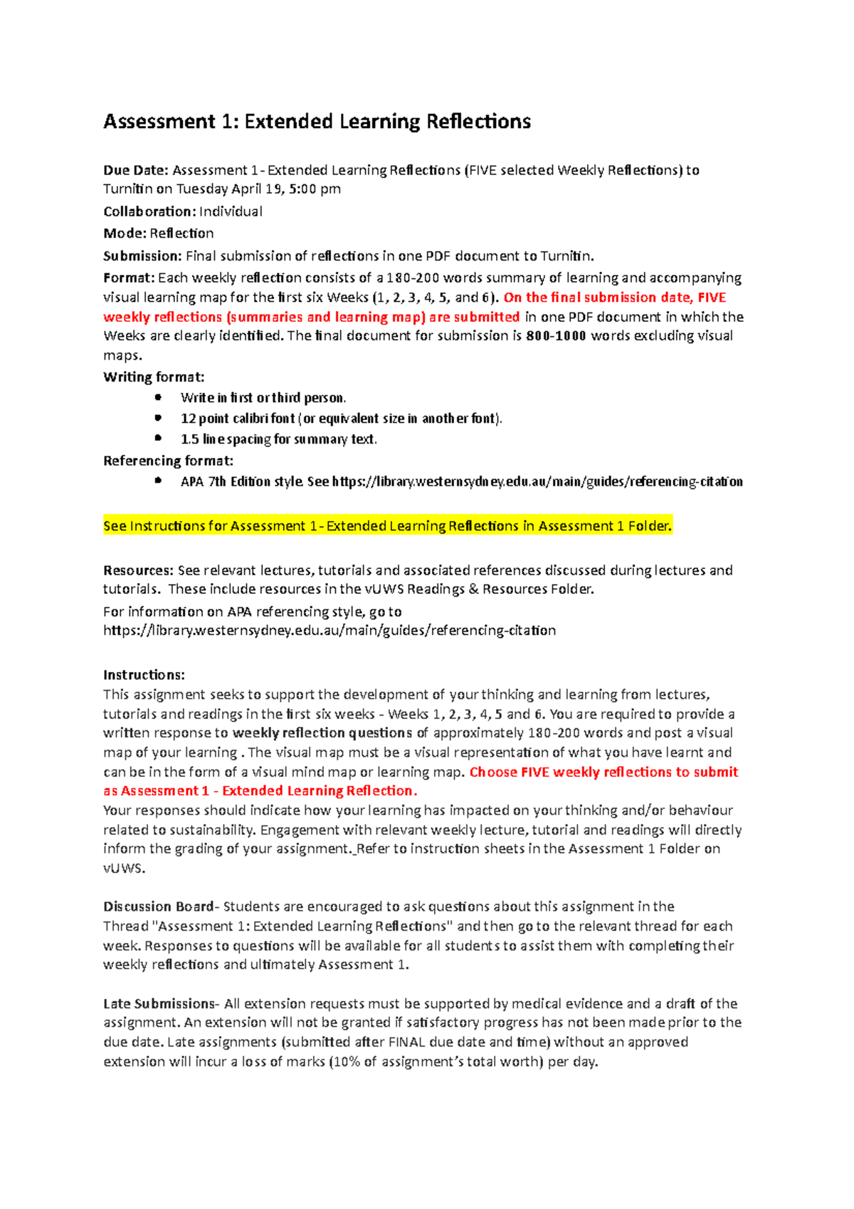 Assessment 1- Extended Learning Reflections please - Assessment 1 ...