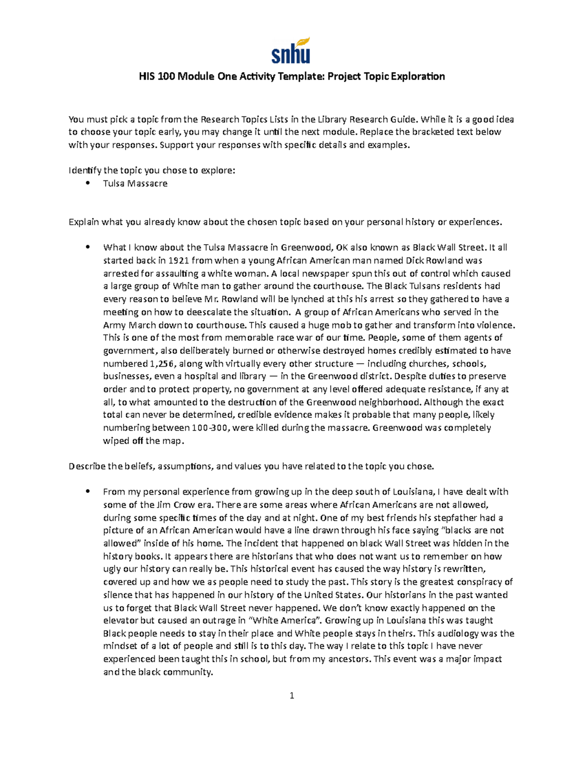 HIS 100 Module One Activity Tulsa Massacre - HIS 100 Module One ...