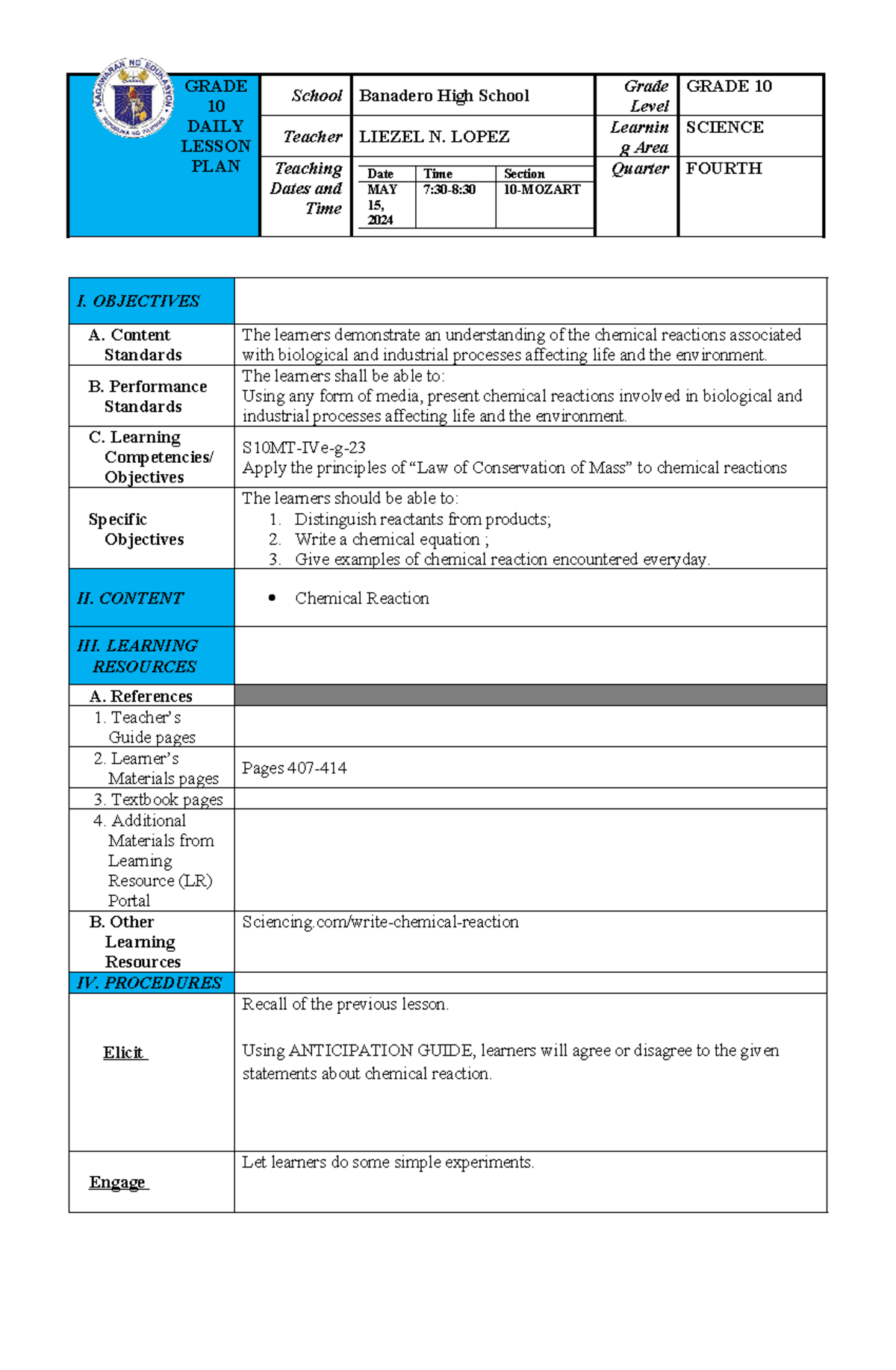 COT 4 Lesson Plan in Scien - GRADE 10 DAILY LESSON PLAN School Banadero ...