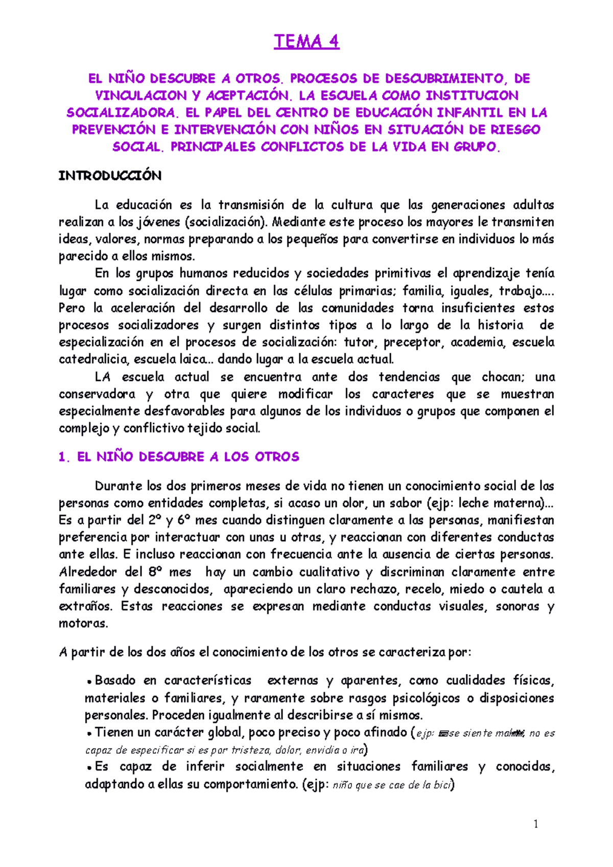 Tema 4 - TEMARIO OPOS EI - TEMA 4 EL NIÑO DESCUBRE A OTROS. PROCESOS DE ...