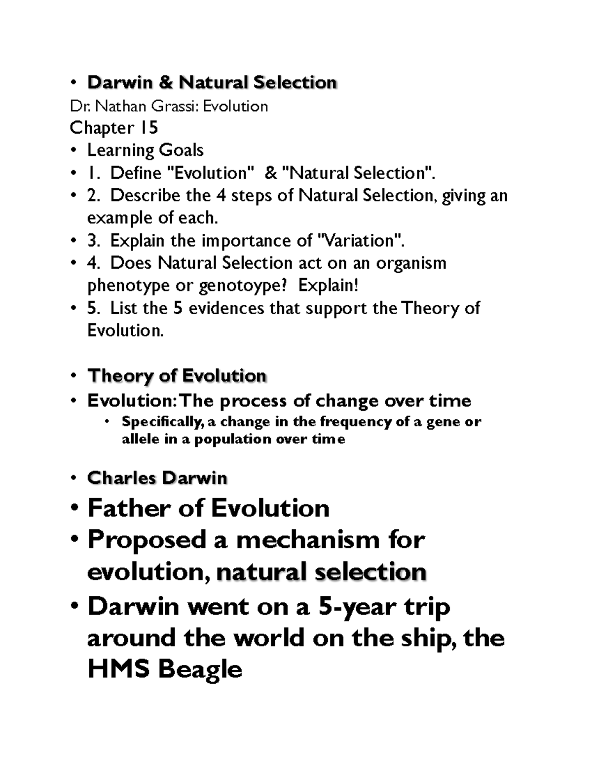 Natural Selection Empire State lecture notes - Darwin & Natural ...