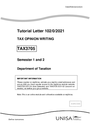TAX3705 - Unisa - TAX Opinion Writing - Studocu