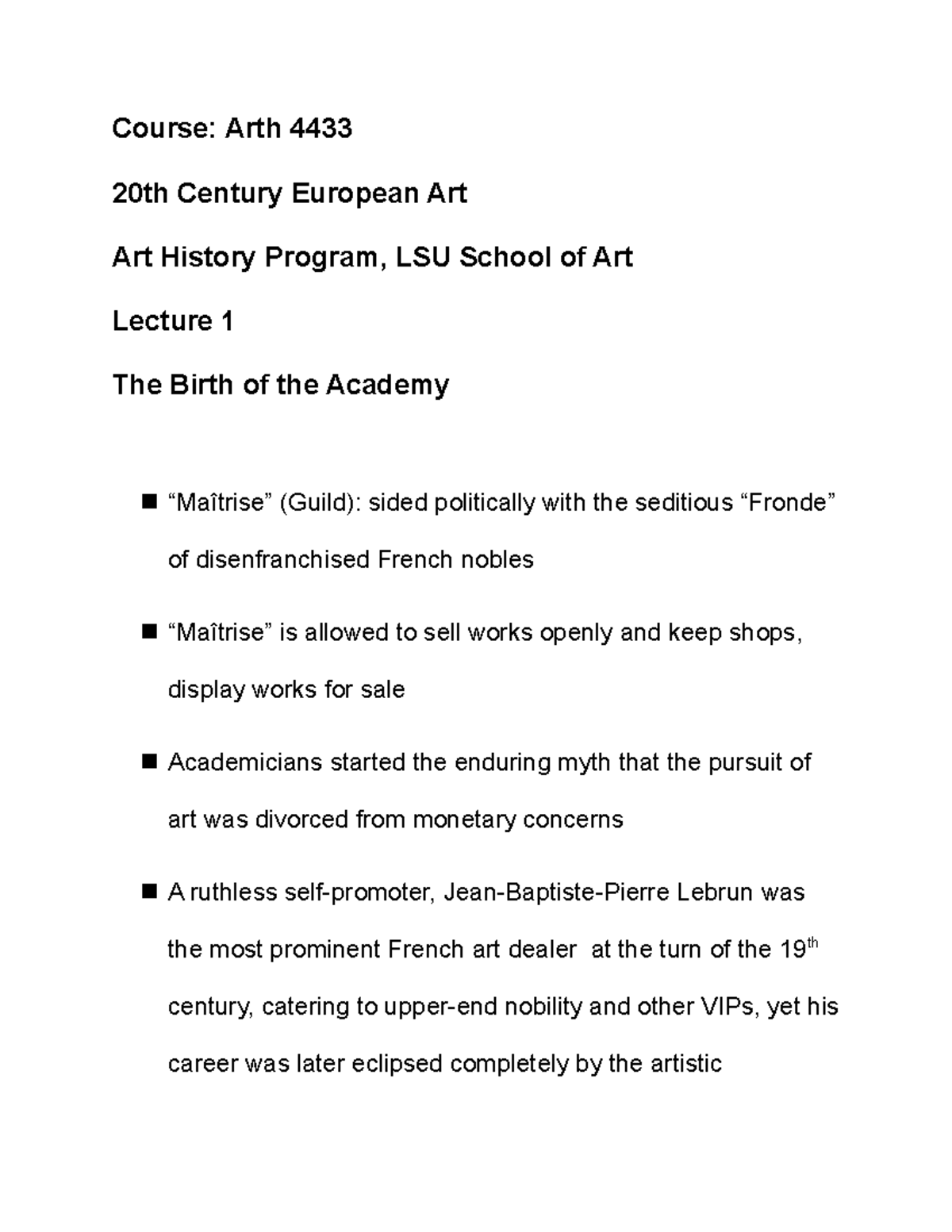 The Birth of the Academy - Course: Arth 4433 20th Century European Art ...