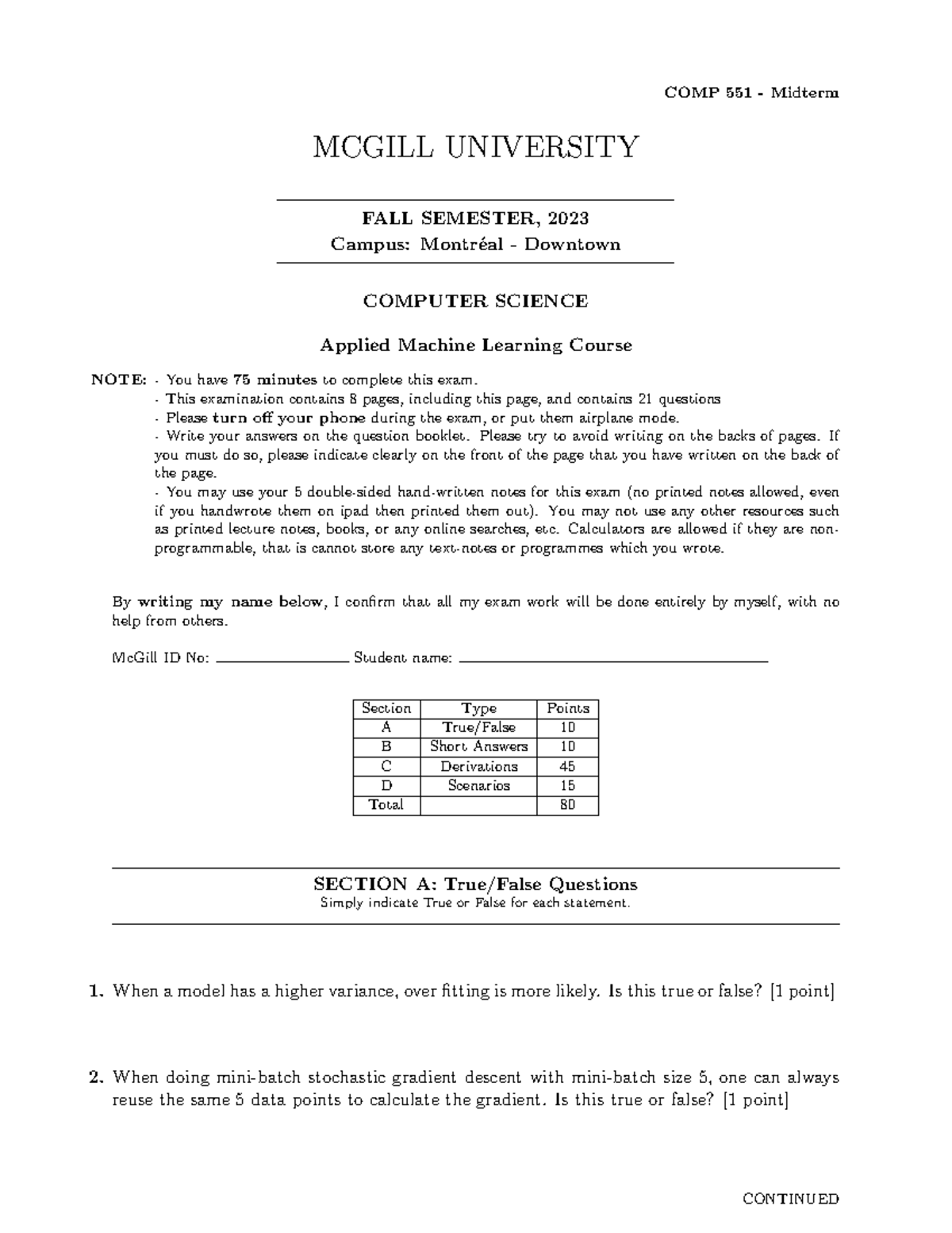 551f23midterm - f23midterm - COMP 551 - Midterm MCGILL UNIVERSITY FALL SEMESTER, 2023 Campus ...