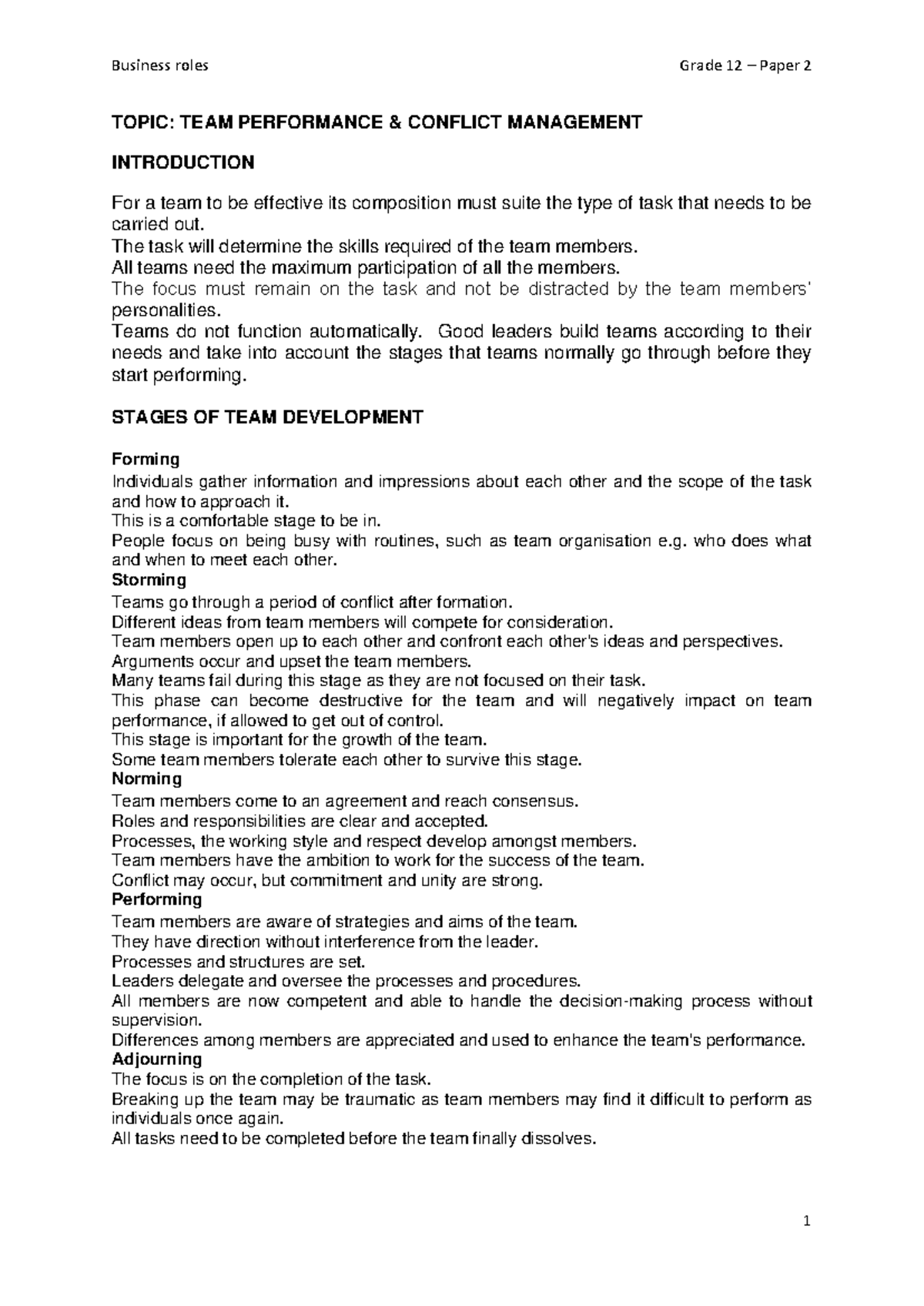 Topic 3 grade 12 team performance and conflict management - TOPIC: TEAM ...