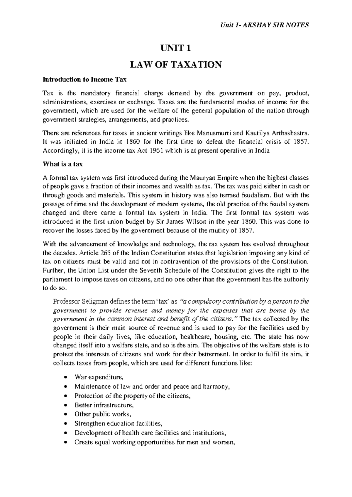 Taxation Notes- Unit 1 - important - UNIT 1 LAW OF TAXATION ...