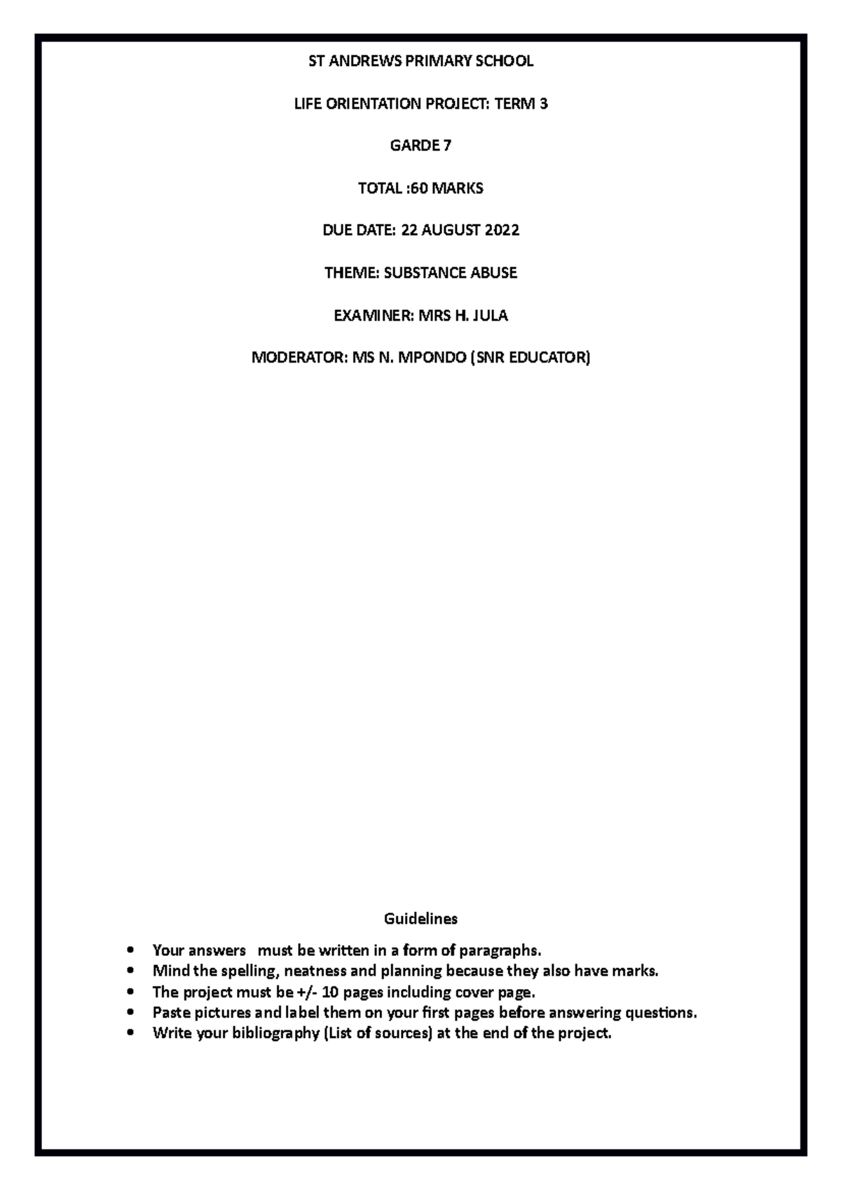 2022 Grade 6 L.O project - ST ANDREWS PRIMARY SCHOOL LIFE ORIENTATION ...