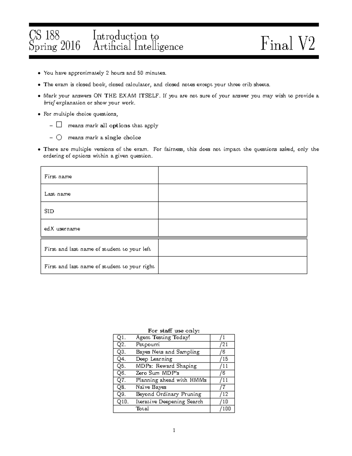 Sp16 final solutions - CS 188 Spring 2016 Introduction to Artificial ...