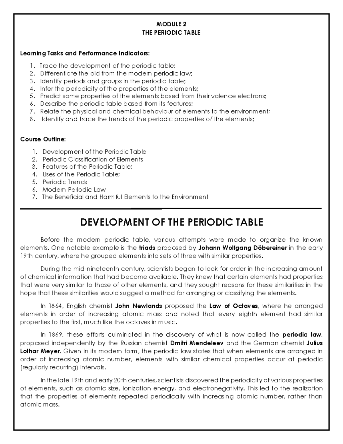 2 - Inorganic Chemistry - MODULE 2 THE PERIODIC TABLE Learning Tasks ...