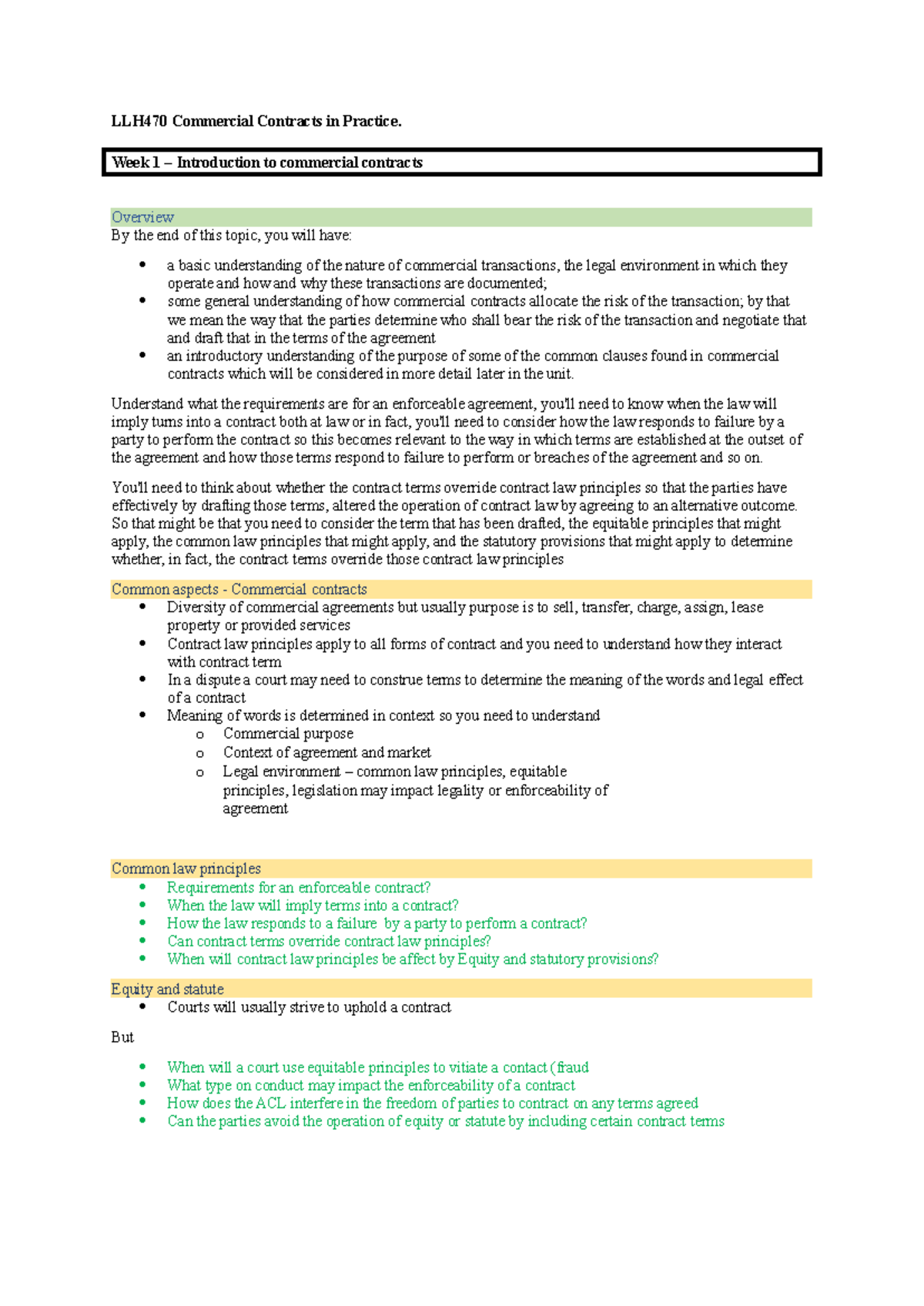LLH470 Commercial Contracts in Practice notes - Week 1 – Introduction ...