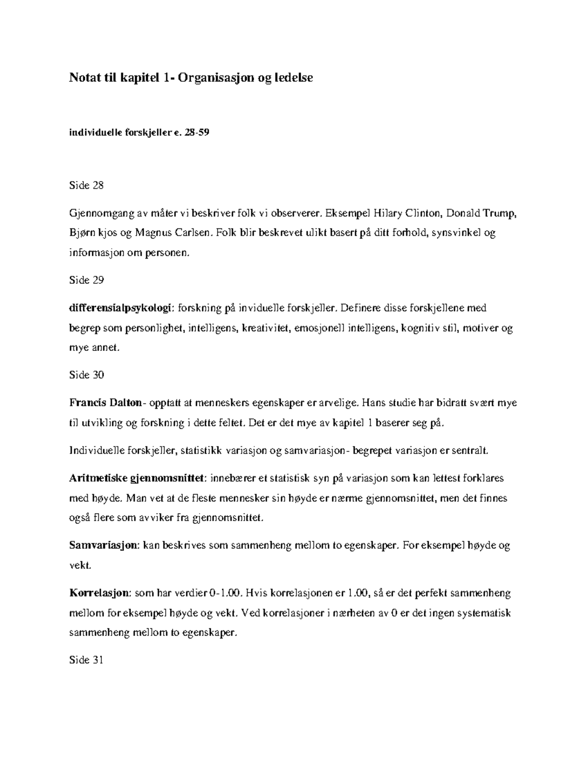 Organisasjon og ledelse- oppsummering - Notat til kapitel 1- Organisasjon og ledelse ...