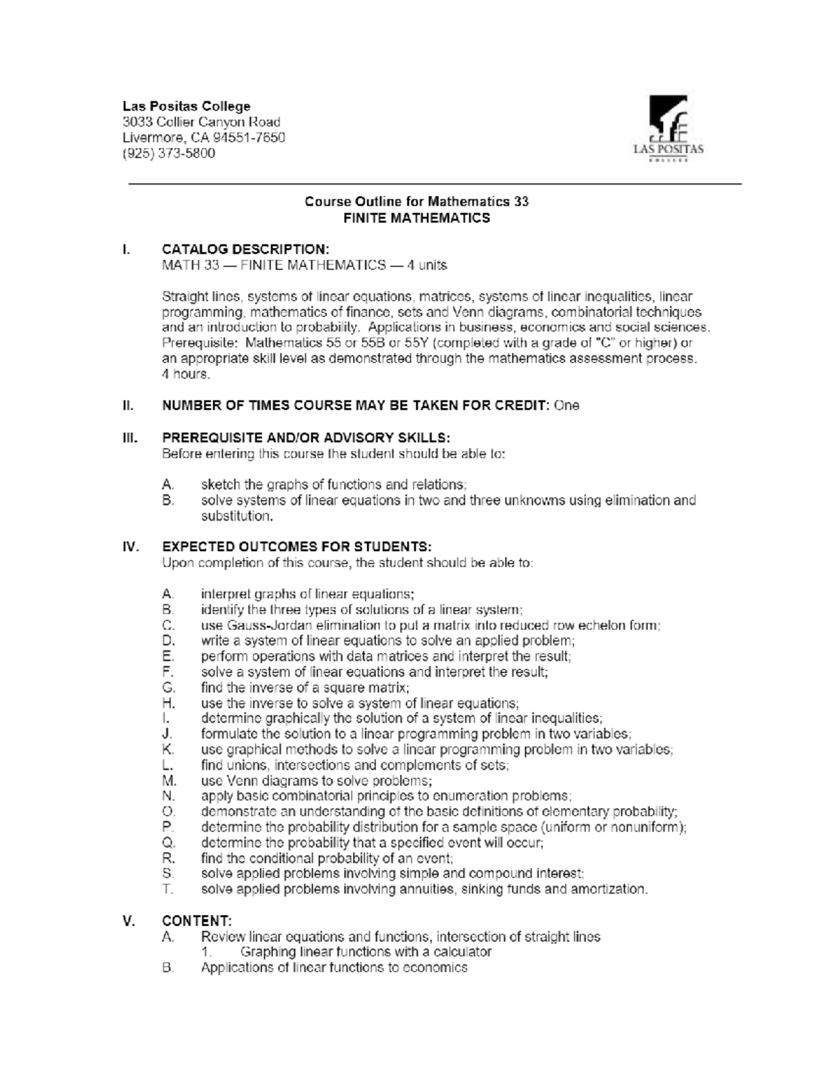 Finite Mathematics - Las Positas College - MATH 373 - Studocu