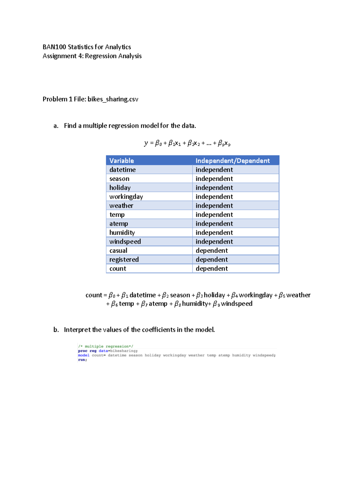BAN 100 Assignment 4 - Problem 1 : Bike.csv - BAN100 Statistics for Analytics Assignment 4 ...