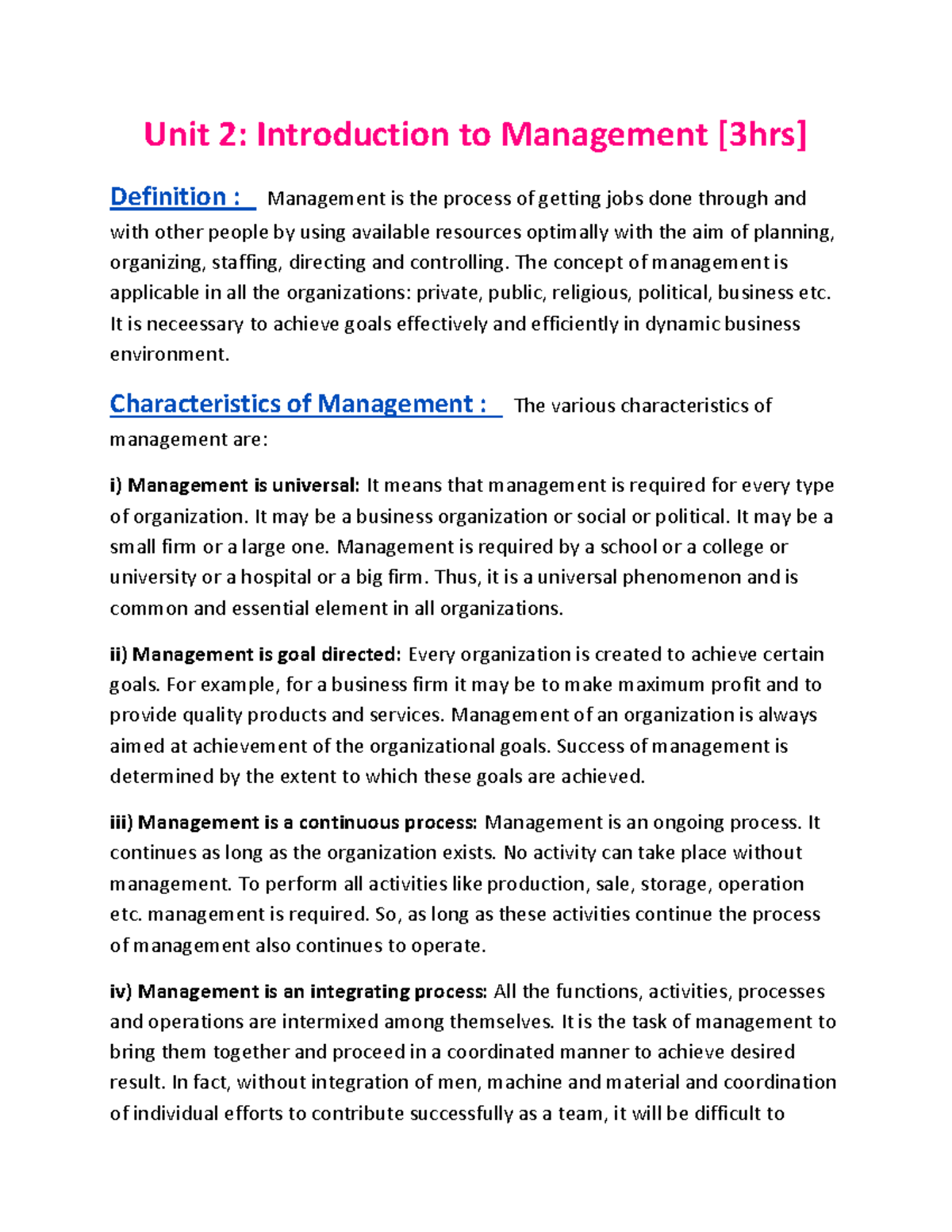 POM Unit-2 - POM Unit-2 - Unit 2: Introduction to Management [3hrs] Definition : Management is ...