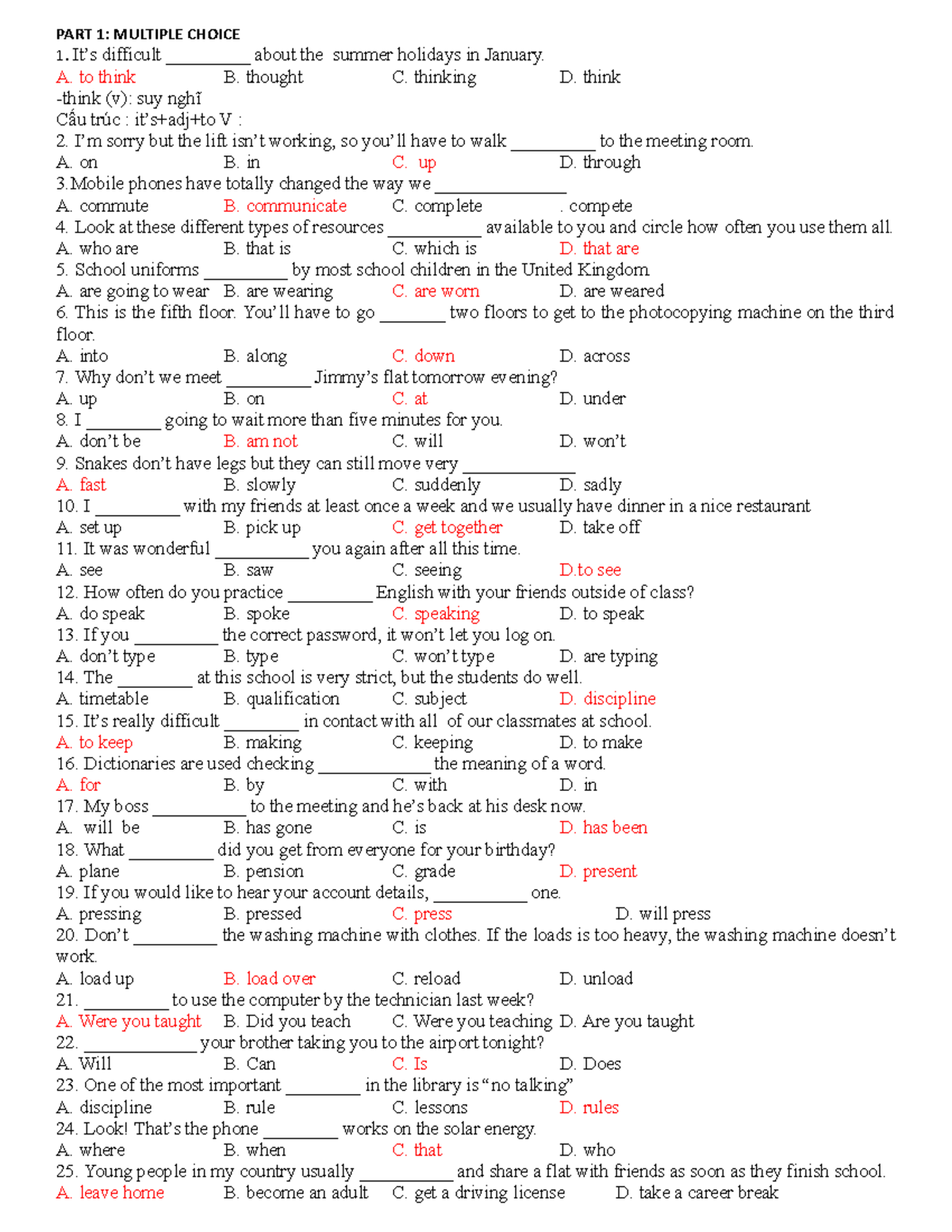Dap an multiple choise - tiếng anh - PART 1: MULTIPLE CHOICE It’s ...