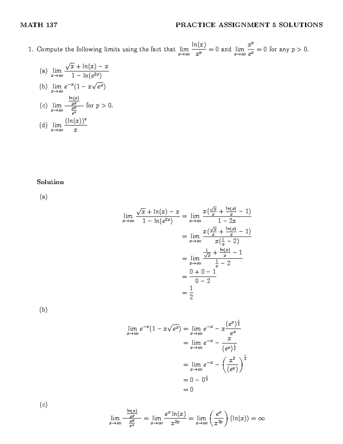 Practice Assign 5 - 137 - F20 Solutions - MATH 137 PRACTICE ASSIGNMENT ...