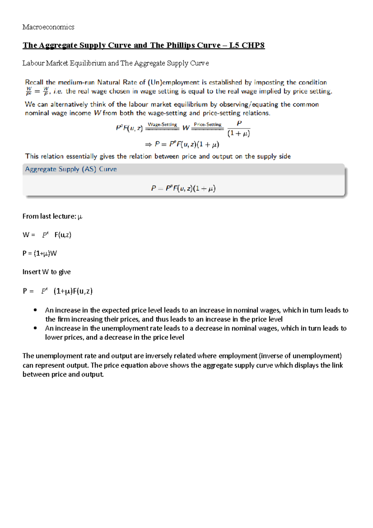 L5 CHP 8 - Lecture notes 5 - Macroeconomics The Aggregate Supply Curve ...