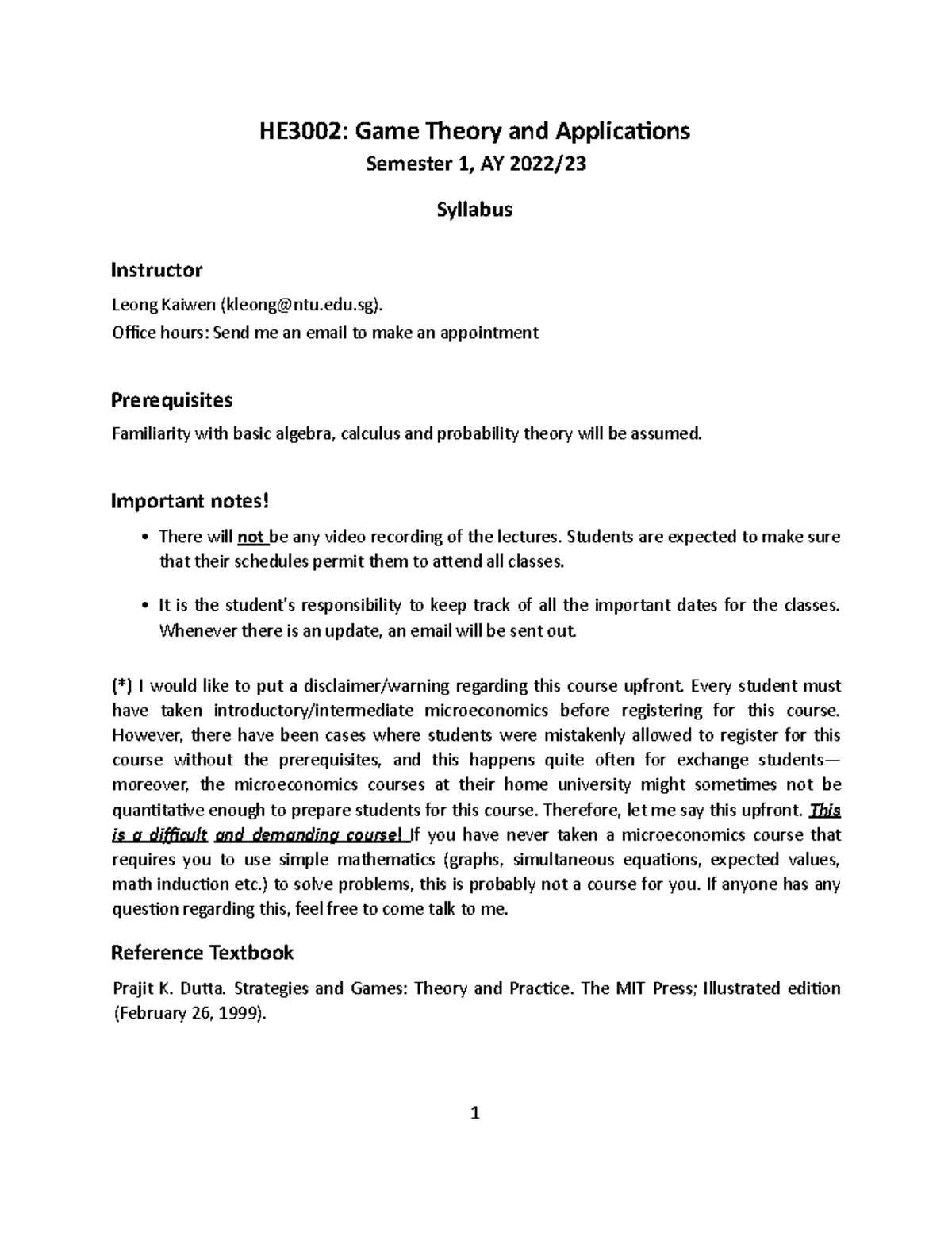 Syllabus Info He3002 Game Theory And Applications Semester 1 Ay 2022 Syllabus Instructor