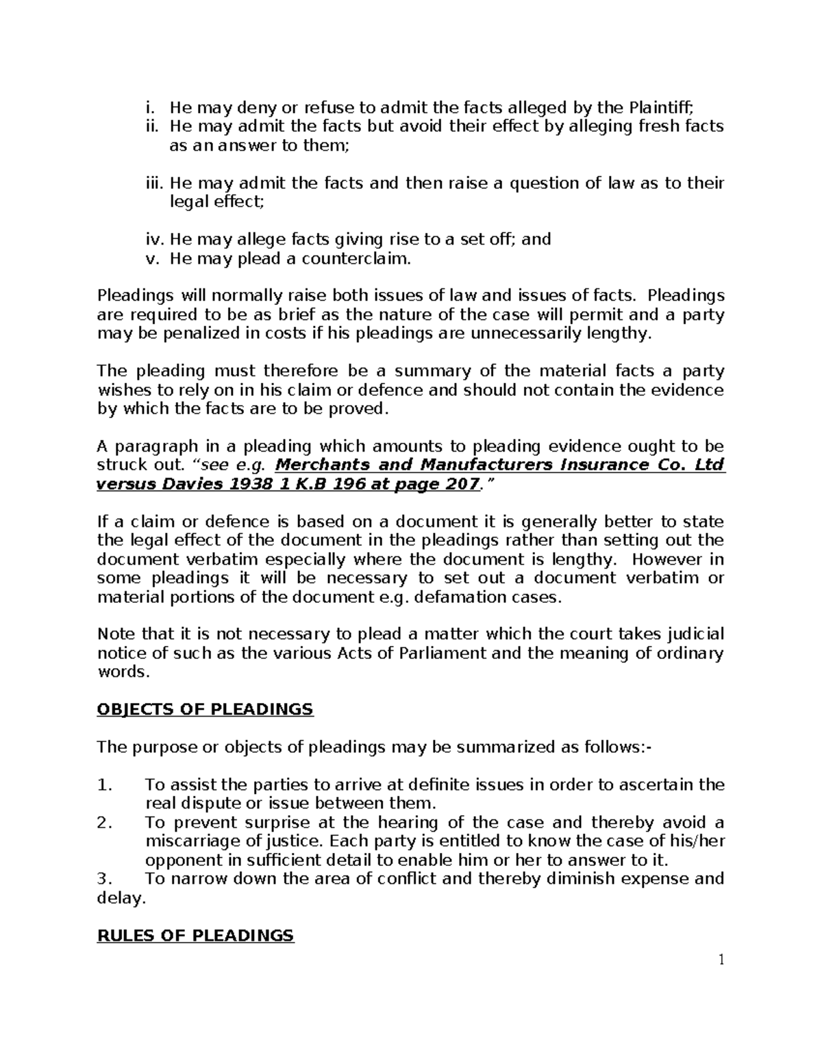 Civil Procedure notes.doc - i. He may deny or refuse to admit the facts ...