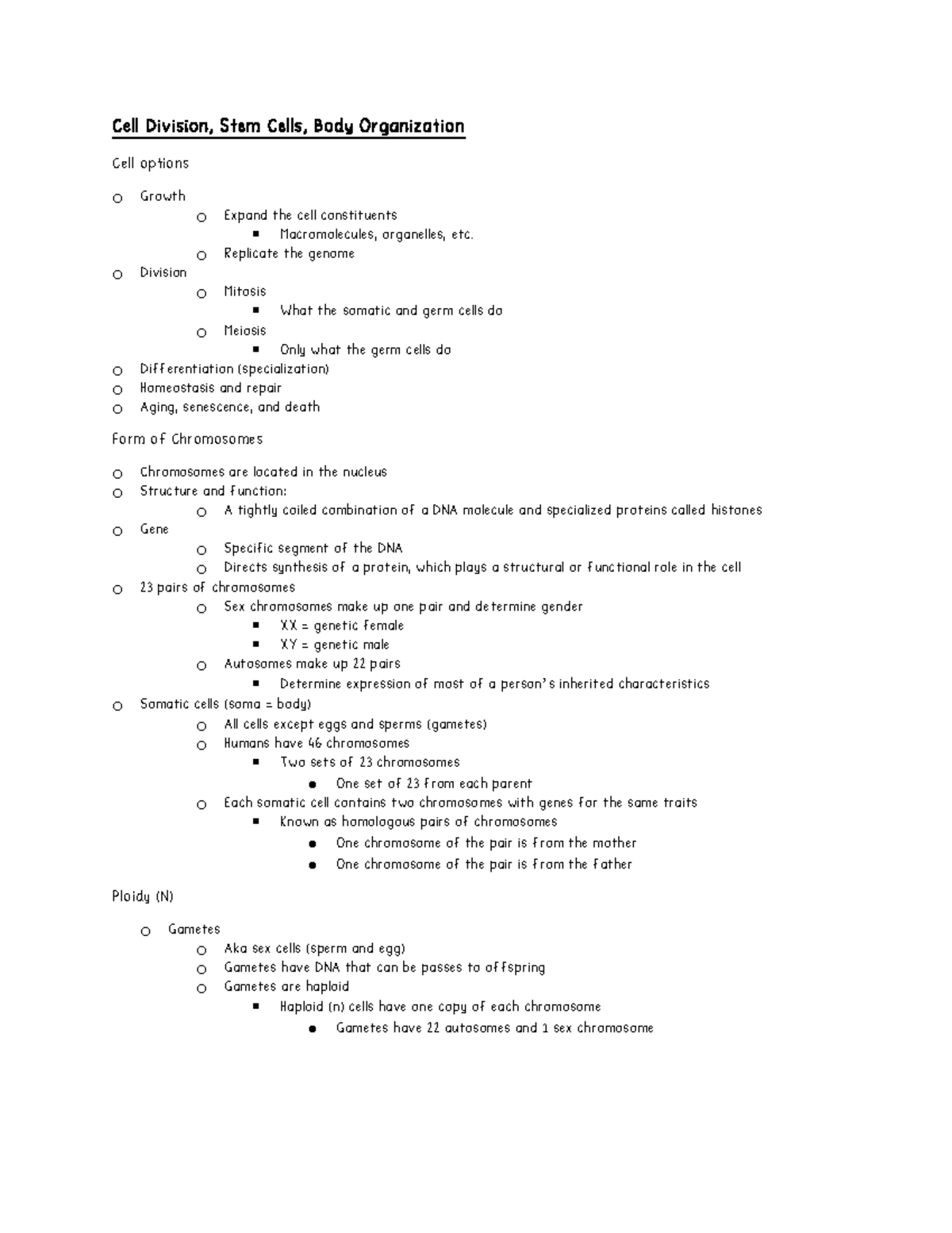 Lecture 3 - notes - Cell Division, Stem Cells, Body Organization Cell ...