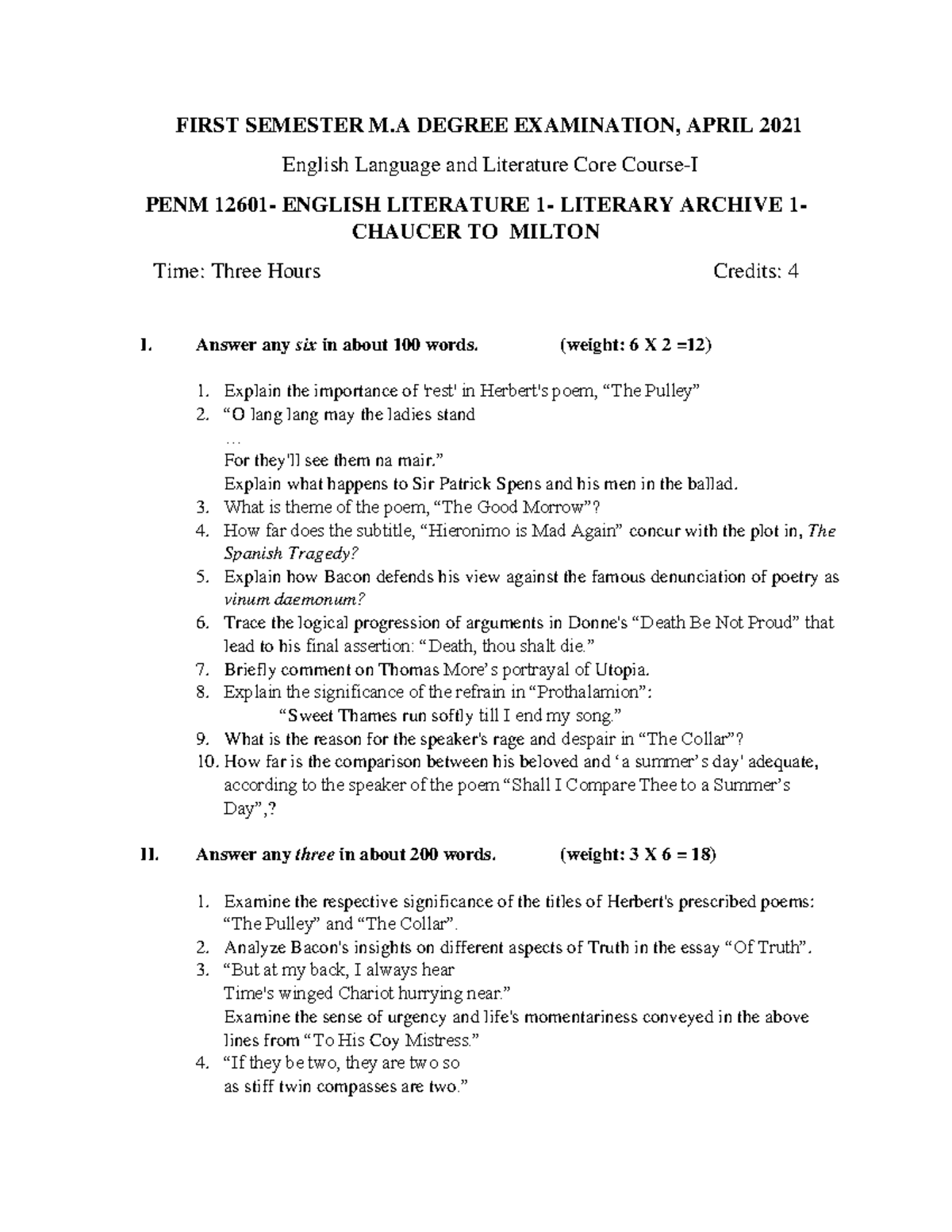 Chaucer to Milton Questions - FIRST SEMESTER M DEGREE EXAMINATION ...