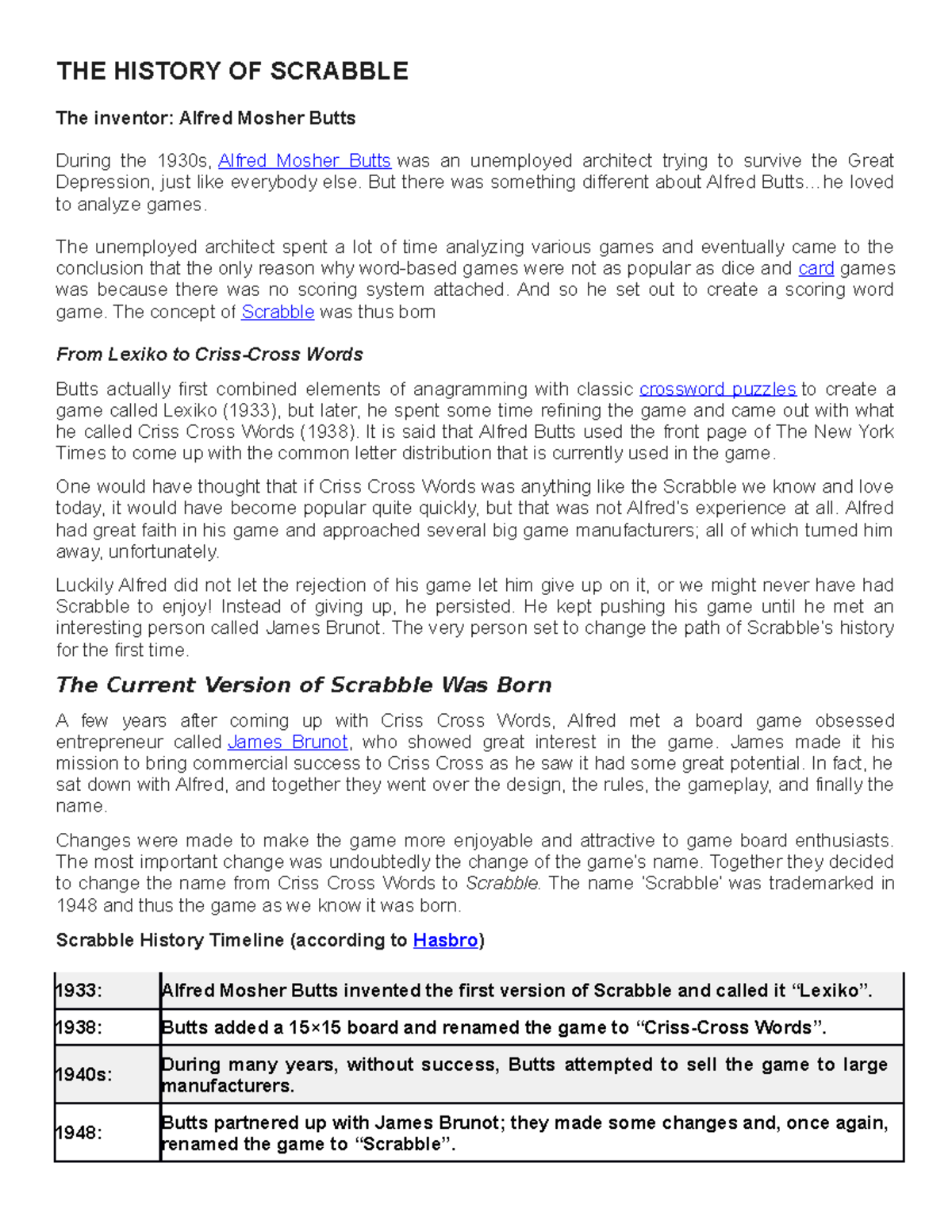 The History of Scrabble - THE HISTORY OF SCRABBLE The inventor: Alfred ...