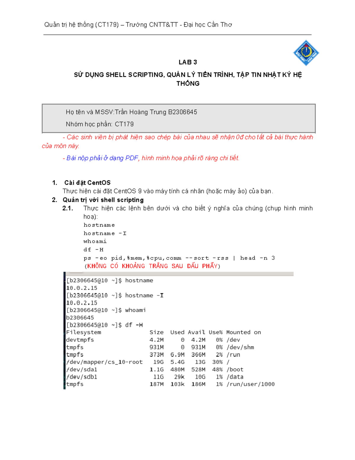 Trần Hoàng Trung B2306645 CT179 QTHT Lab3 2024 2025 - LAB 3 SỬ DỤNG SHELL SCRIPTING, QUẢN LÝ ...