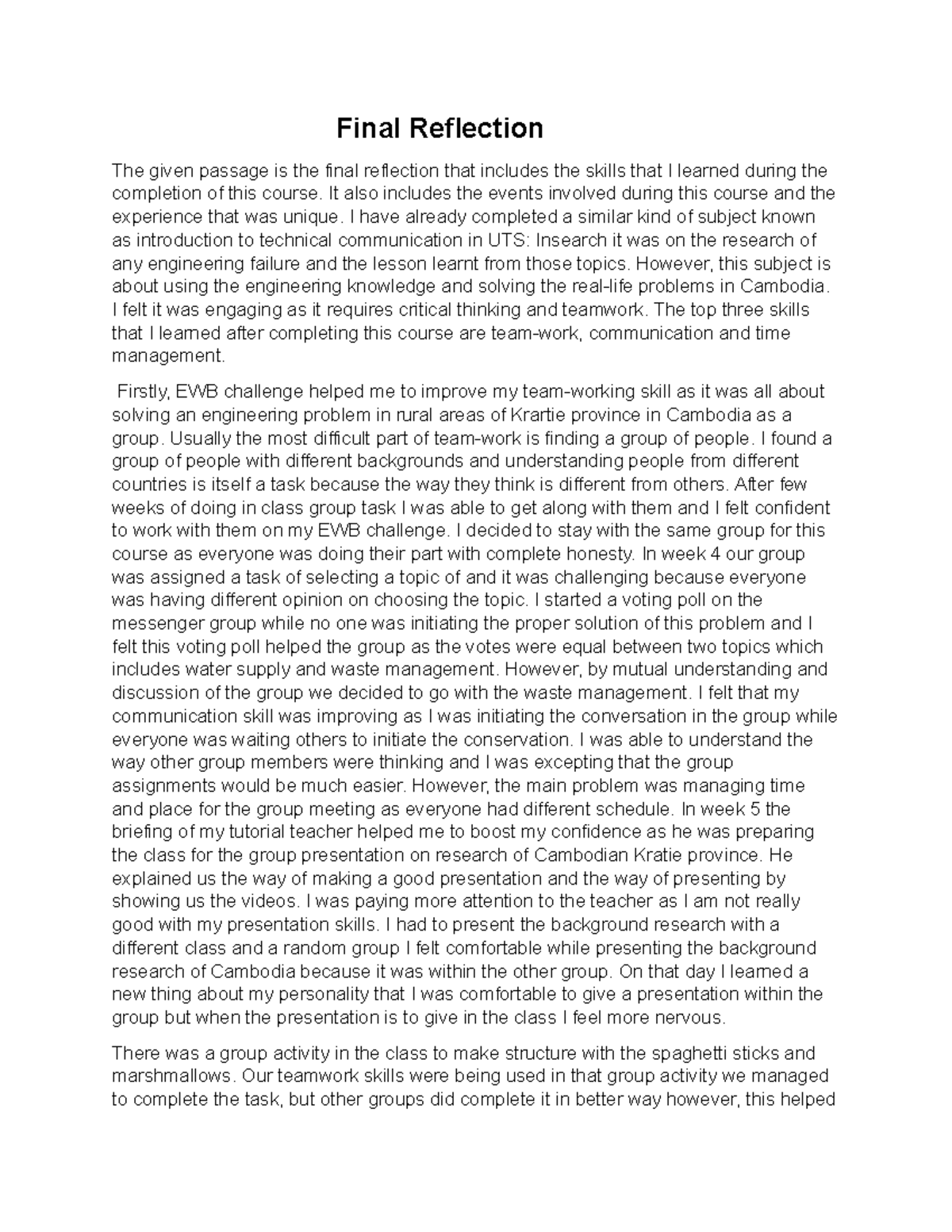 Final reflection engg com - Final Reflection The given passage is the ...