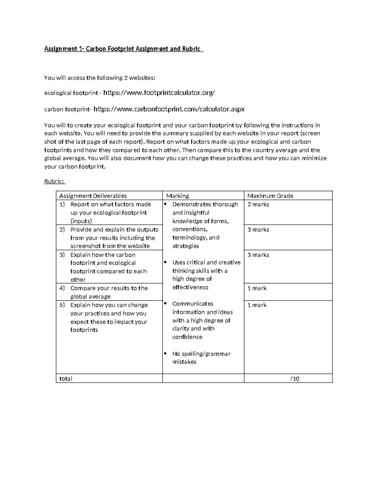 Assignment 11 - Assignment 1- Carbon Footprint Assignment and Rubric ...