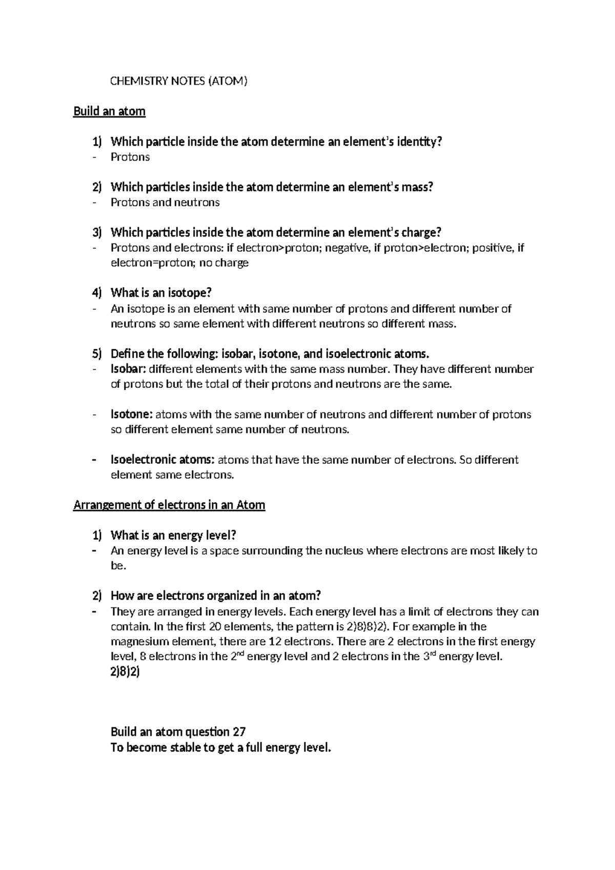 Chemistry Notes - adada - CHEMISTRY NOTES (ATOM) Build an atom 1) Which ...