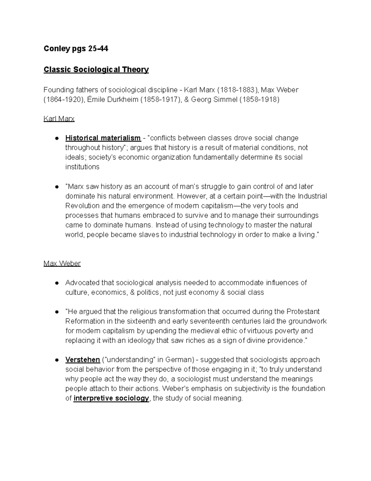 Week 2 Textbook Notes - Conley pgs 25- Classic Sociological Theory ...