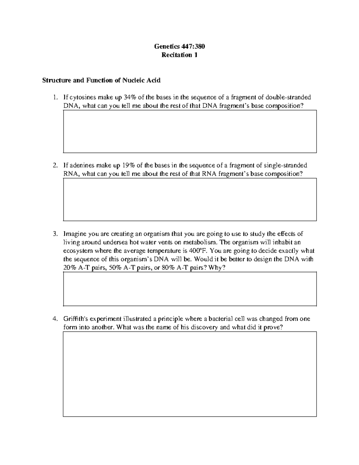 Recitation 1 Questions - Genetics 447: Recitation 1 Structure and ...