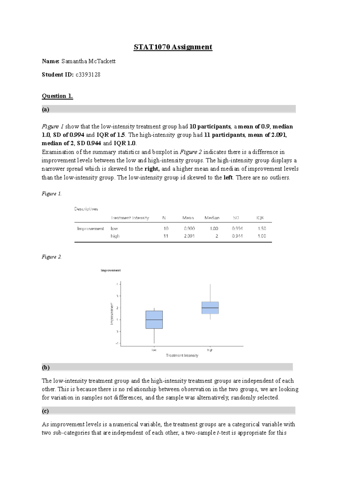 Stat1070 Assignment - STAT1070 Assignment Name: Samantha McTackett Student ID: c Question 1 ...
