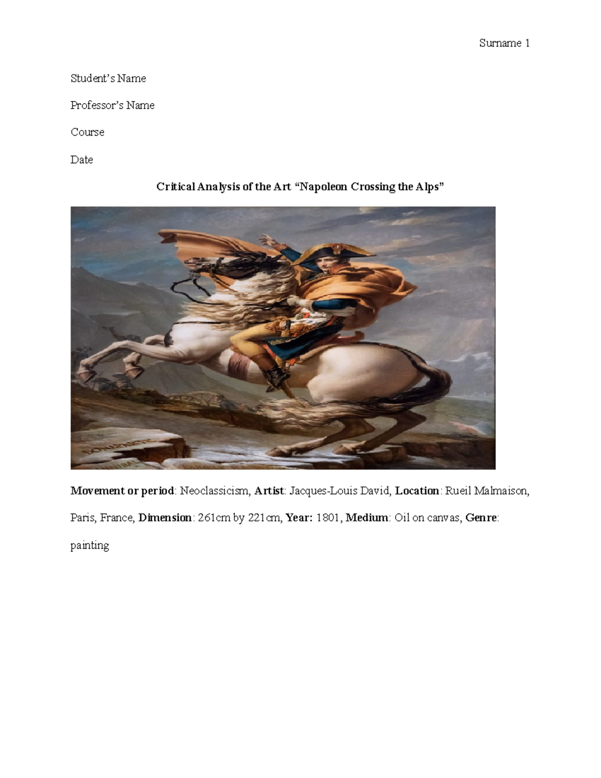 Critical Analysis of An Artwork - Student’s Name Professor’s Name ...