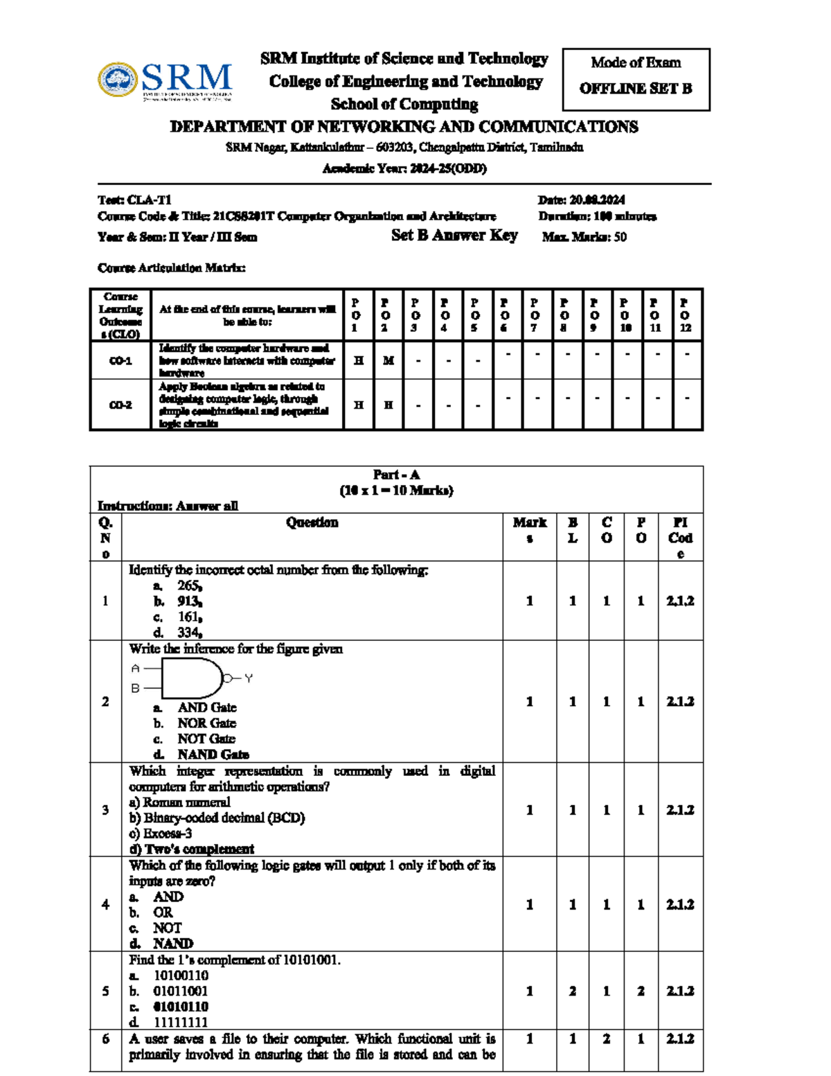 Set B Answer Key Key Srm Institute Of Science And Technology Mode Of Exam Srm College Of