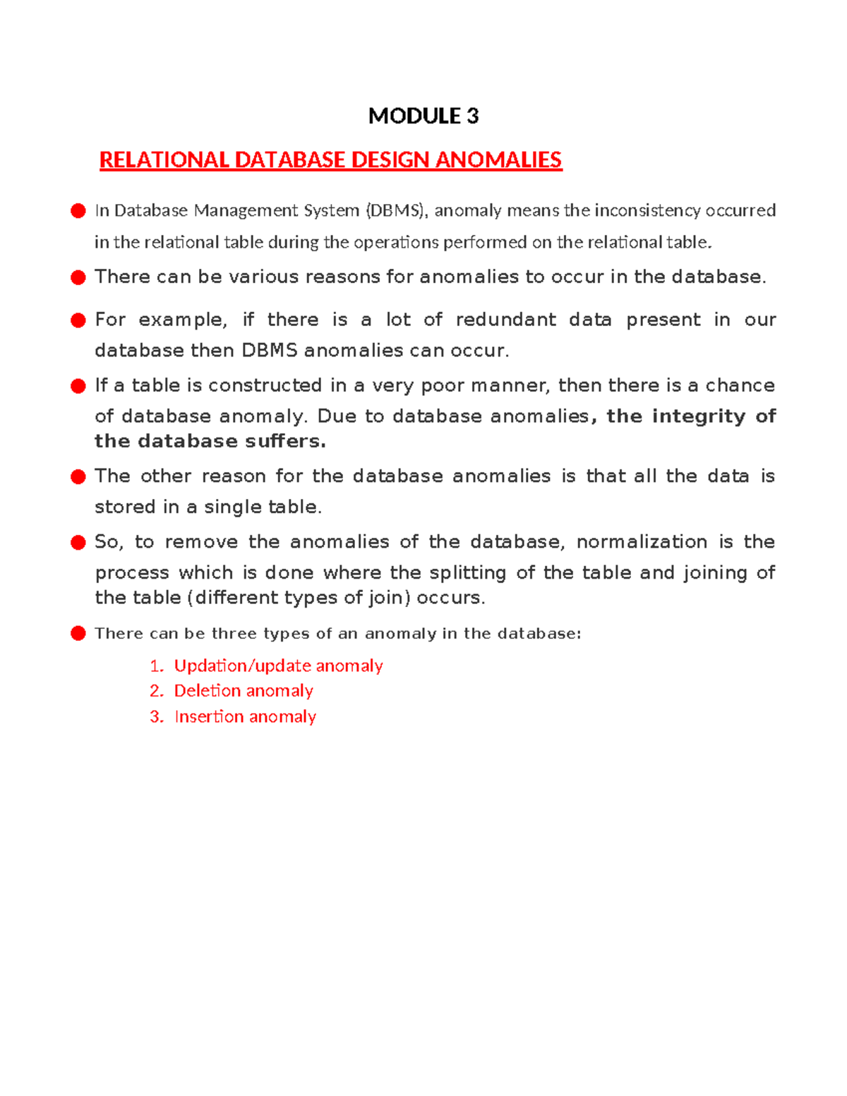 Anomalies And Normalisation In Dbms 1 Module 3 Relational Database Design Anomalies In