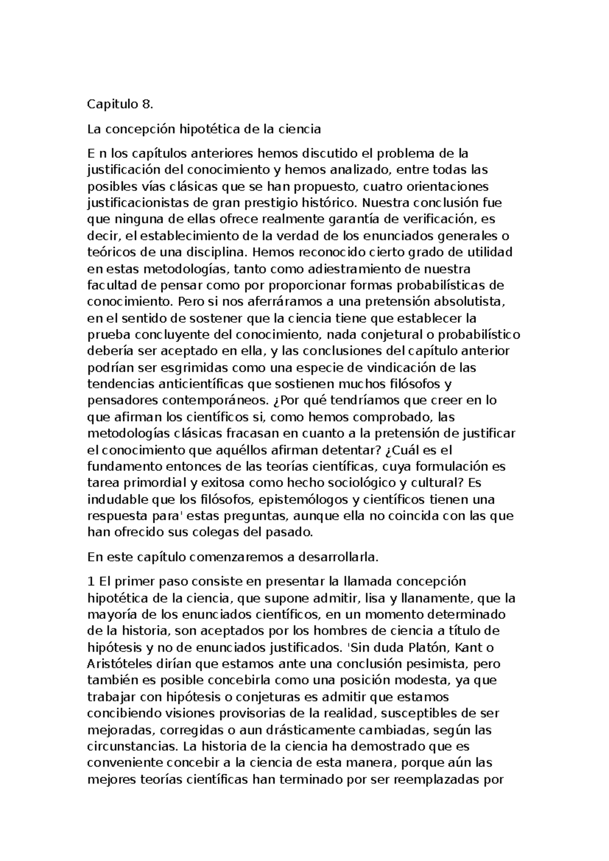 Klimovsky cap. 8 y 9 - Capitulo 8. La concepción hipotética de la ciencia E n los capítulos ...