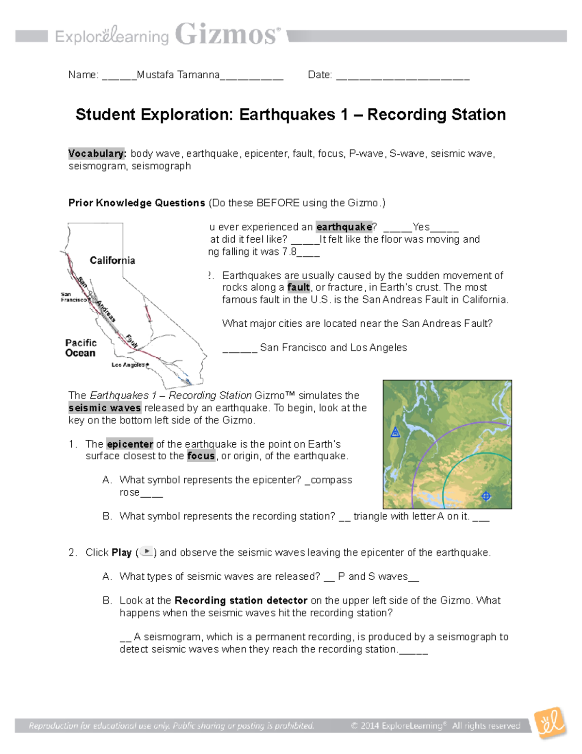 Earthquakes 1Recording SE-1 - Name: Mustafa Tamanna_____ Date ...