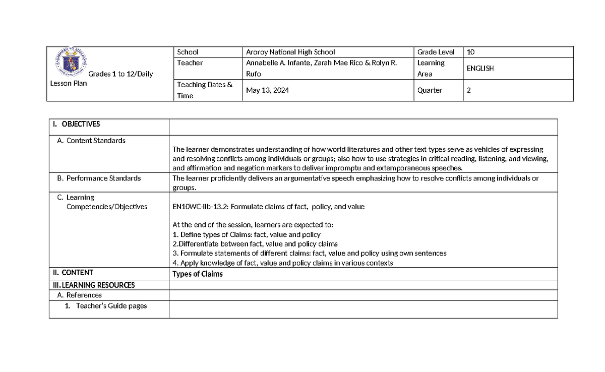 Types-of-Claim DLPrevised - Grades 1 to 12/Daily Lesson Plan School ...