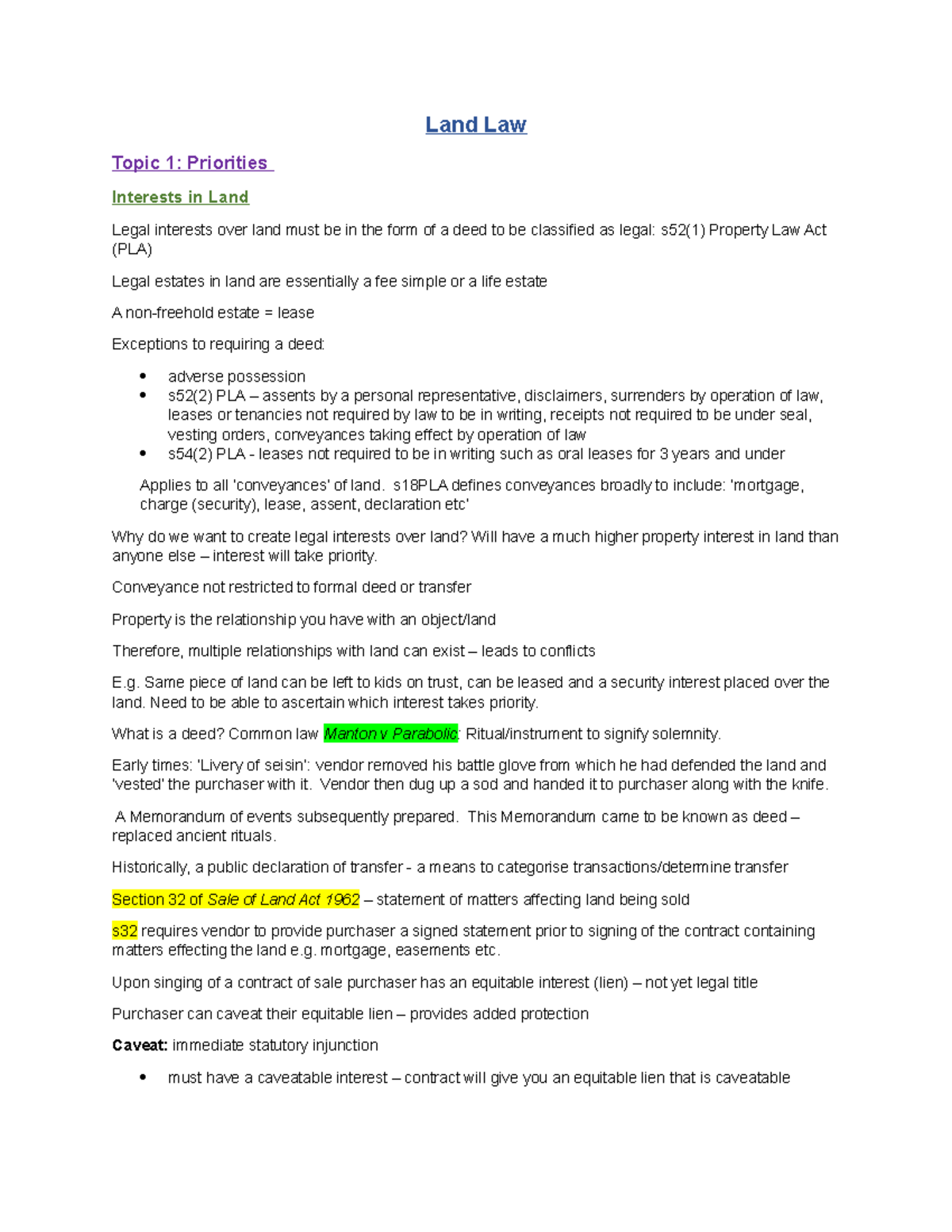 Land Law Lecture Notes - Land Law Topic 1: Priorities Interests in Land ...