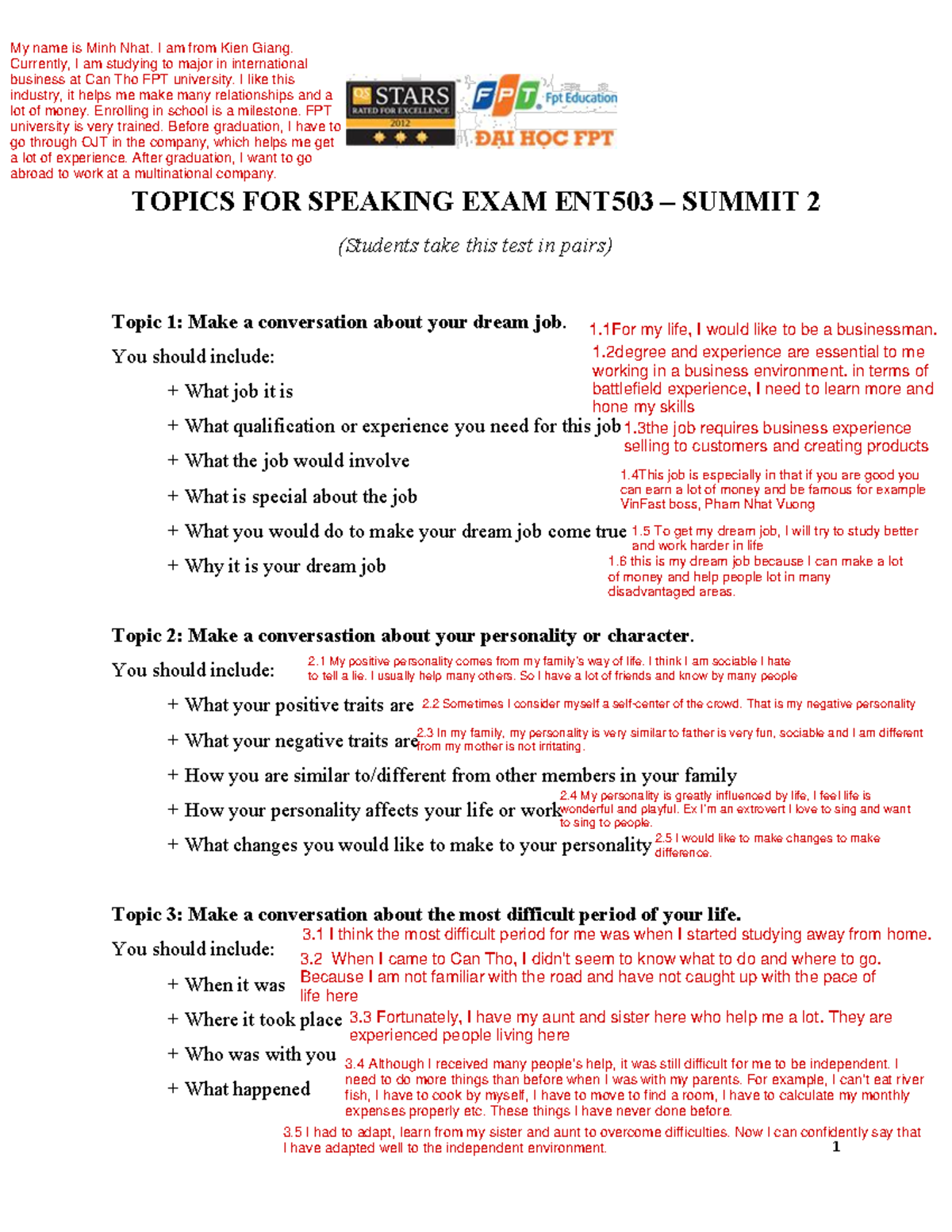 ENT503 Topics For Speaking Exam update (pairs) - 1 TOPICS FOR SPEAKING ...