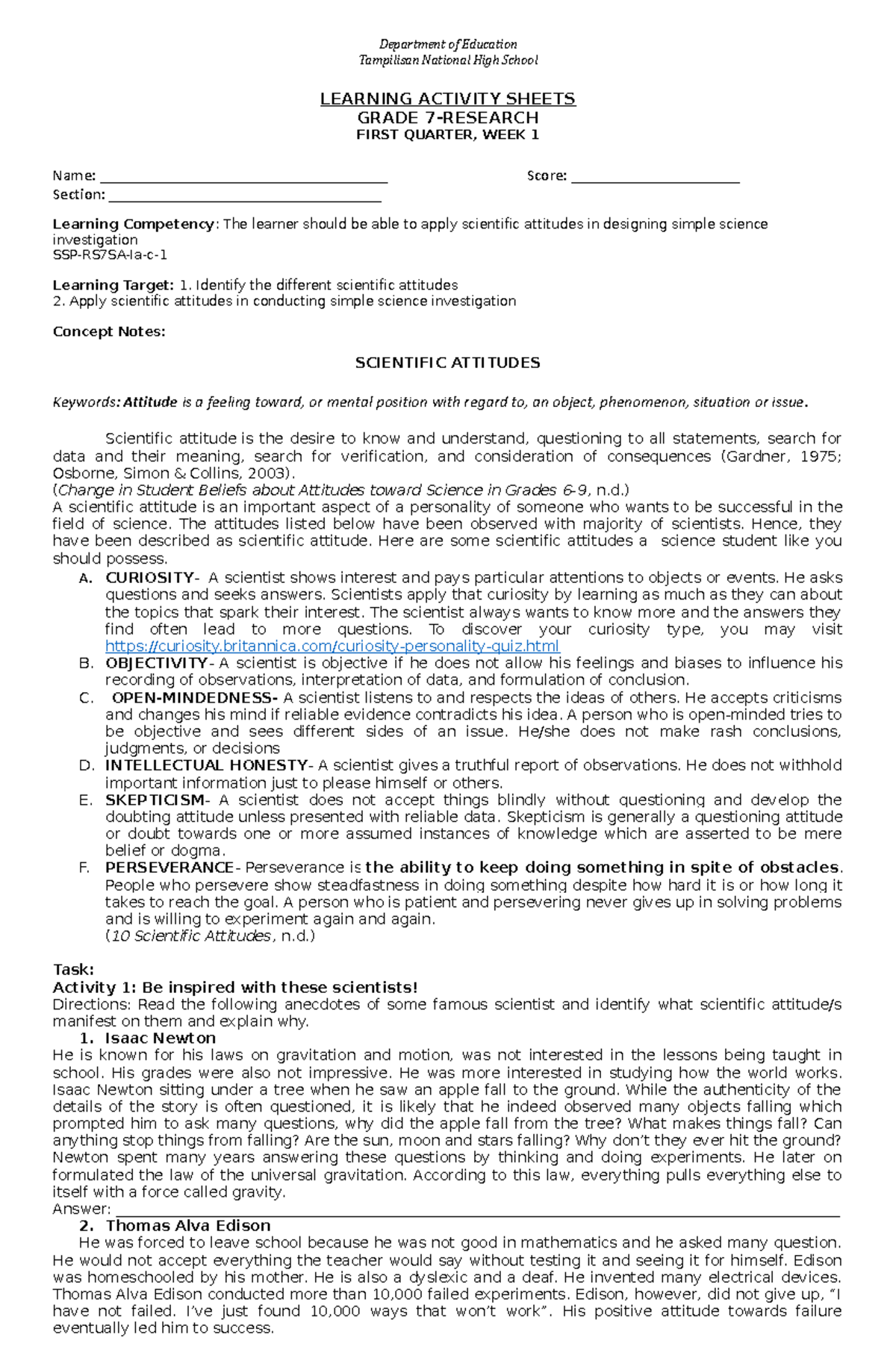 G7-LAS-WK-1- Research Honee - Science - Studocu