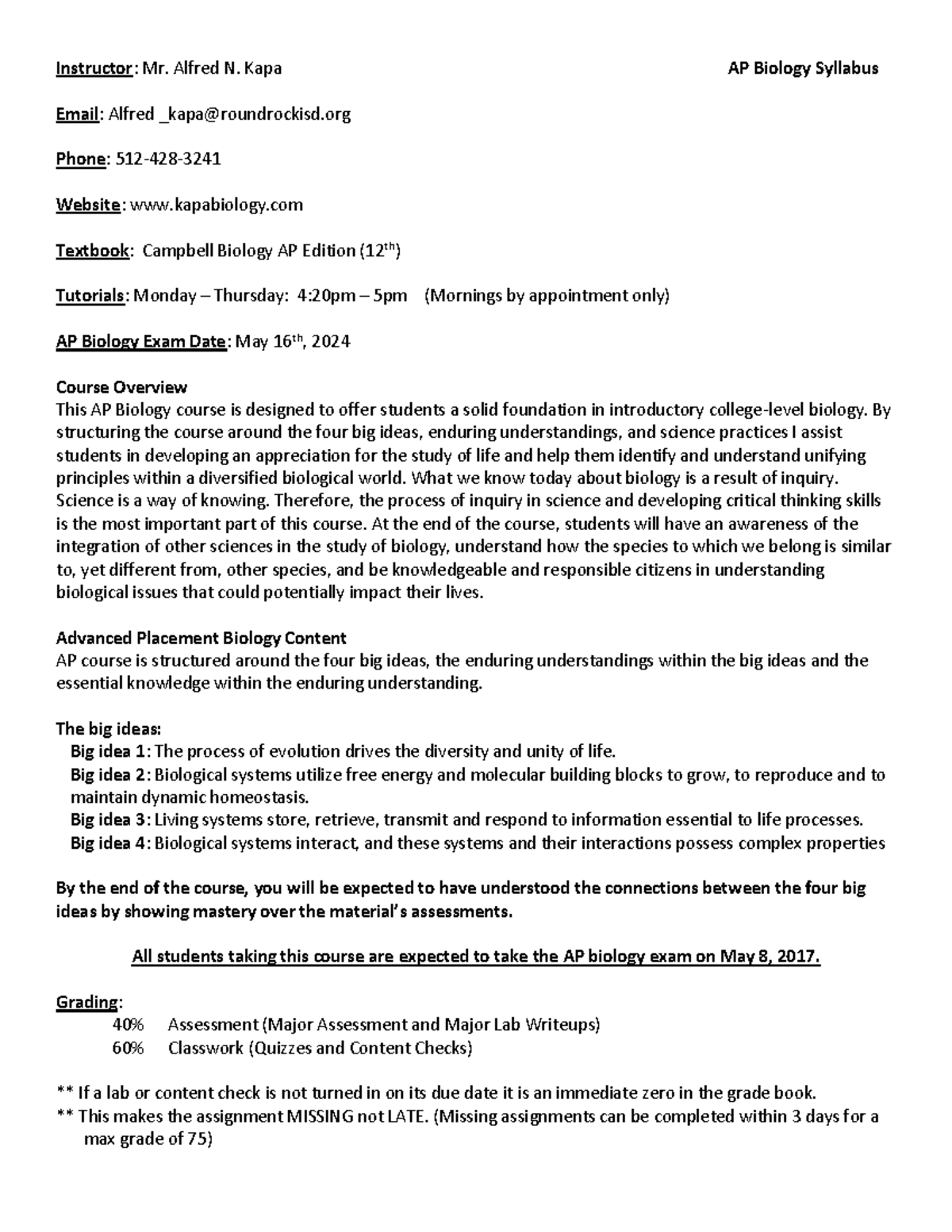 Ap bio syllabus 23-24 - General notes on ap bio - Instructor: Mr ...