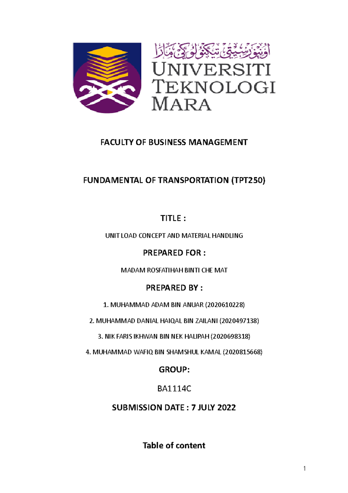 Group assignment TPT250 - FACULTY OF BUSINESS MANAGEMENT FUNDAMENTAL OF ...